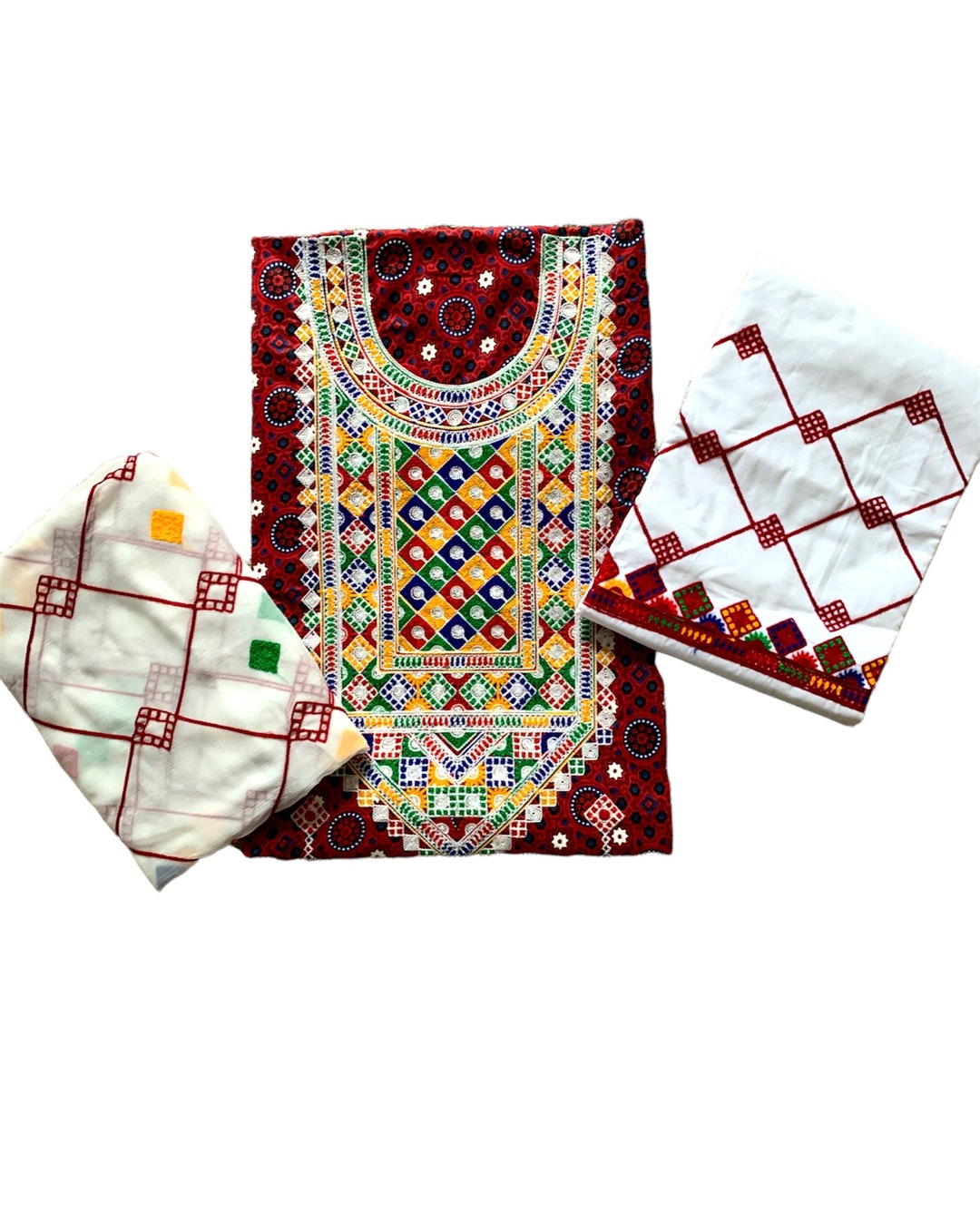 Pakistani Sindhi Ajrak Lawn Cotton 3 Piece Unstitched Suit, Embroidered ...