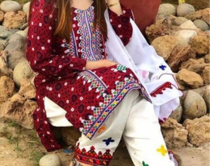 Pakistani Sindhi Ajrak Lawn Cotton 3 Piece Unstitched Suit, Embroidered ...