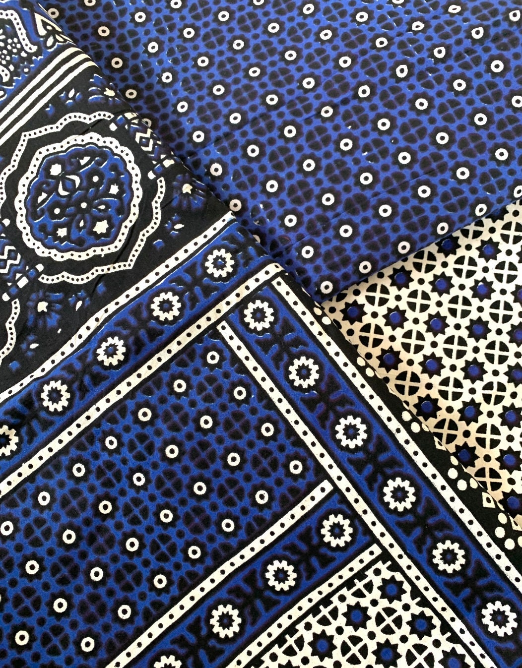 Pakistani Blue Block-printed Sindhi Ajrak Cotton 3 Piece Unstitched ...