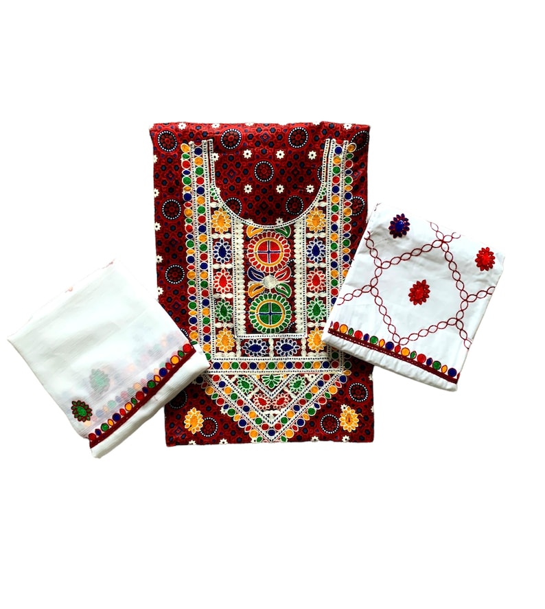 Sindhi Ajrak Lawn Cotton Suit: Embroidered Pakistani Unstitched 3-piece ...