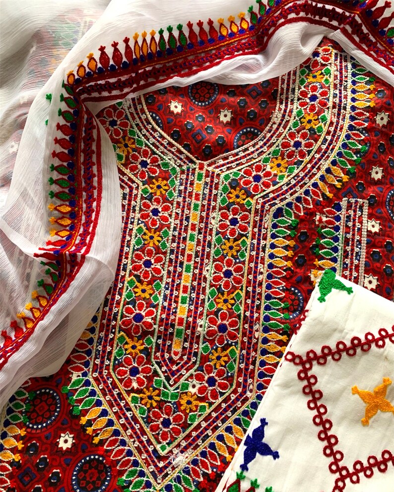 Pakistani Sindhi Ajrak Lawn Cotton 3 Piece Unstitched Suit, Embroidered ...