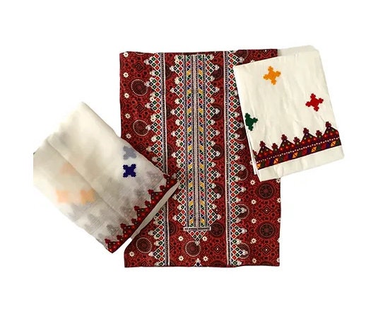 Sindhi Ajrak Lawn Cotton Suit: Embroidered Pakistani Unstitched 3-piece ...