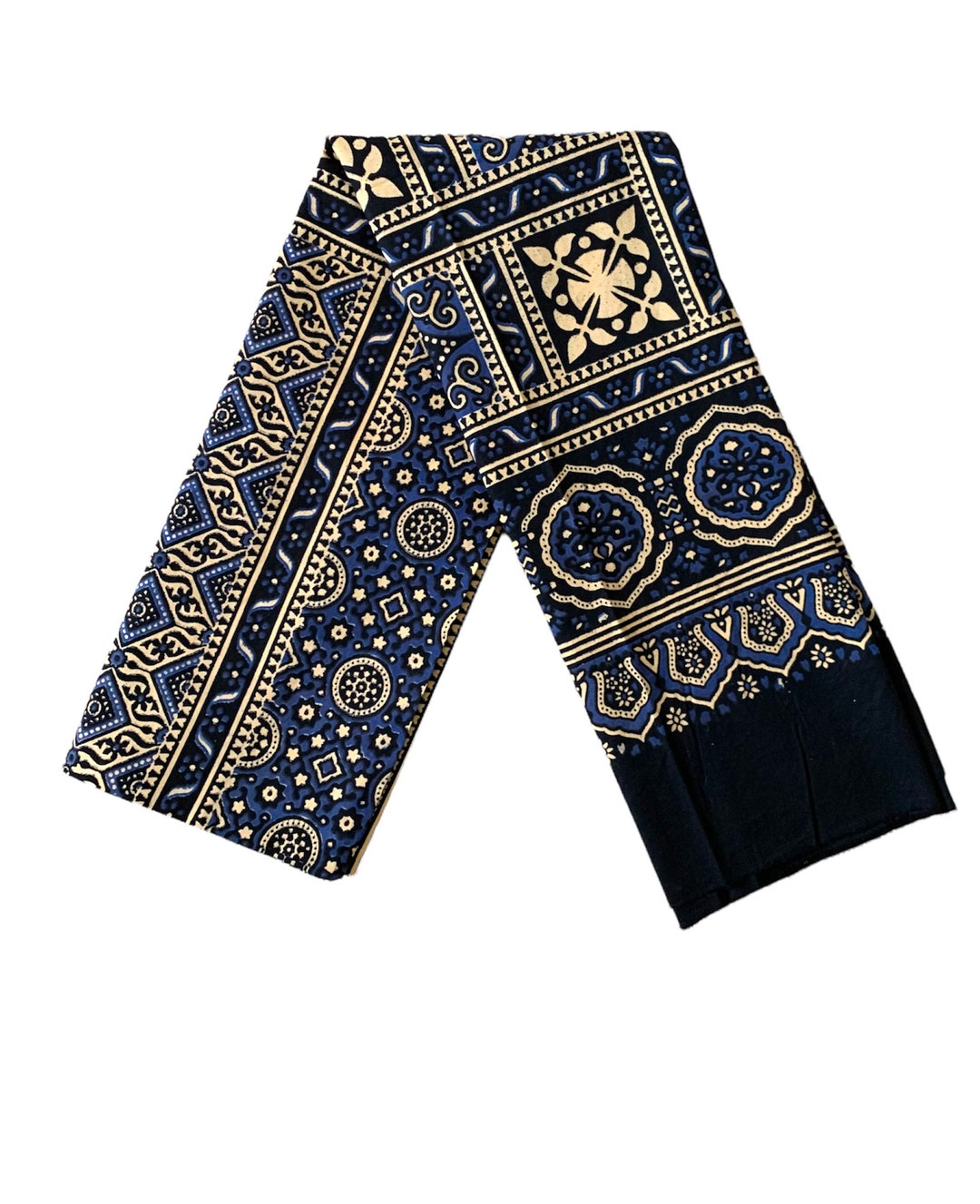 Cotton Block-printed Blue Sindhi Ajrak on Beige Base | Neck Wrap/scarf ...