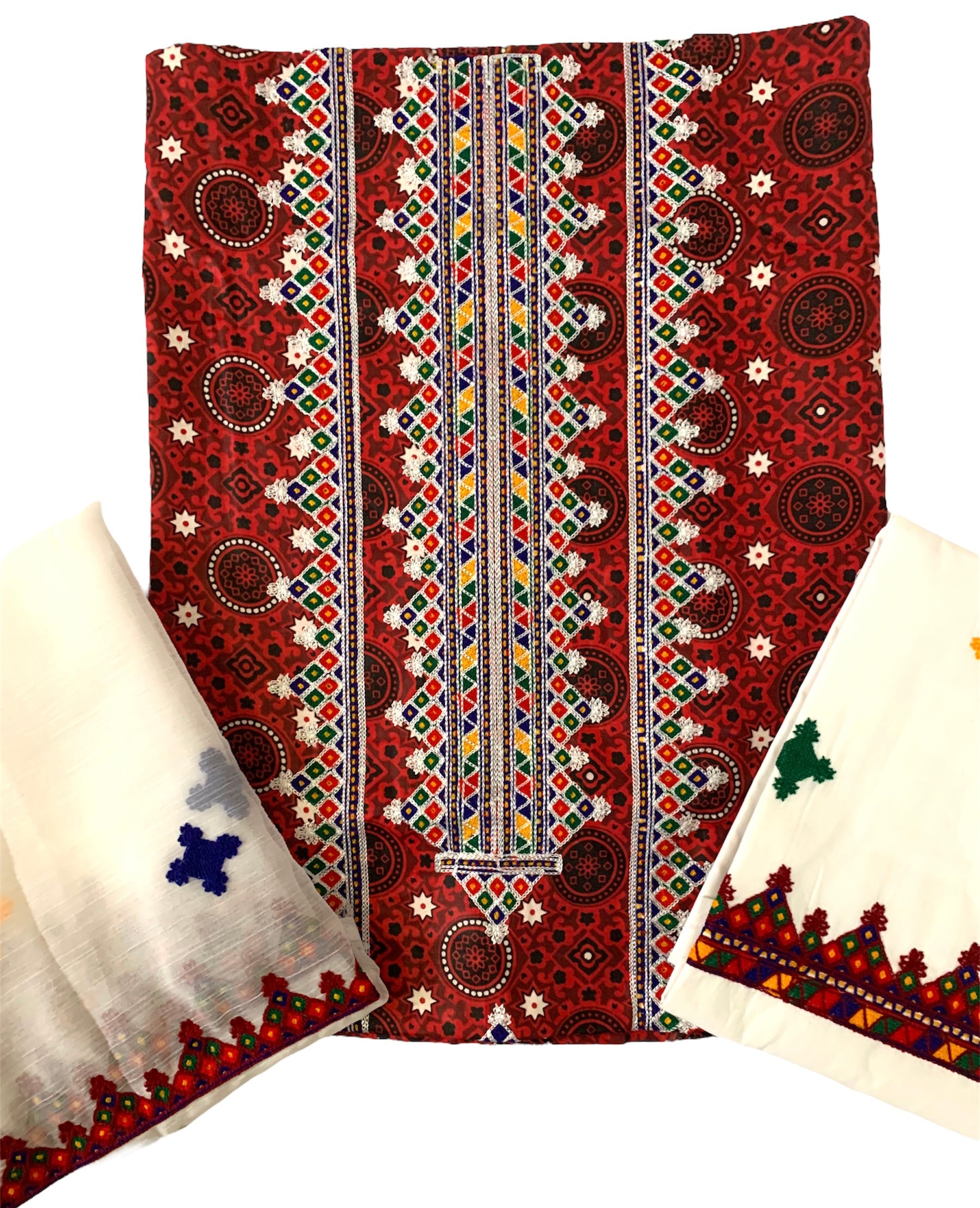Pakistani Sindhi Ajrak Cotton 3 Piece Unstitched Suit, Embroidered ...