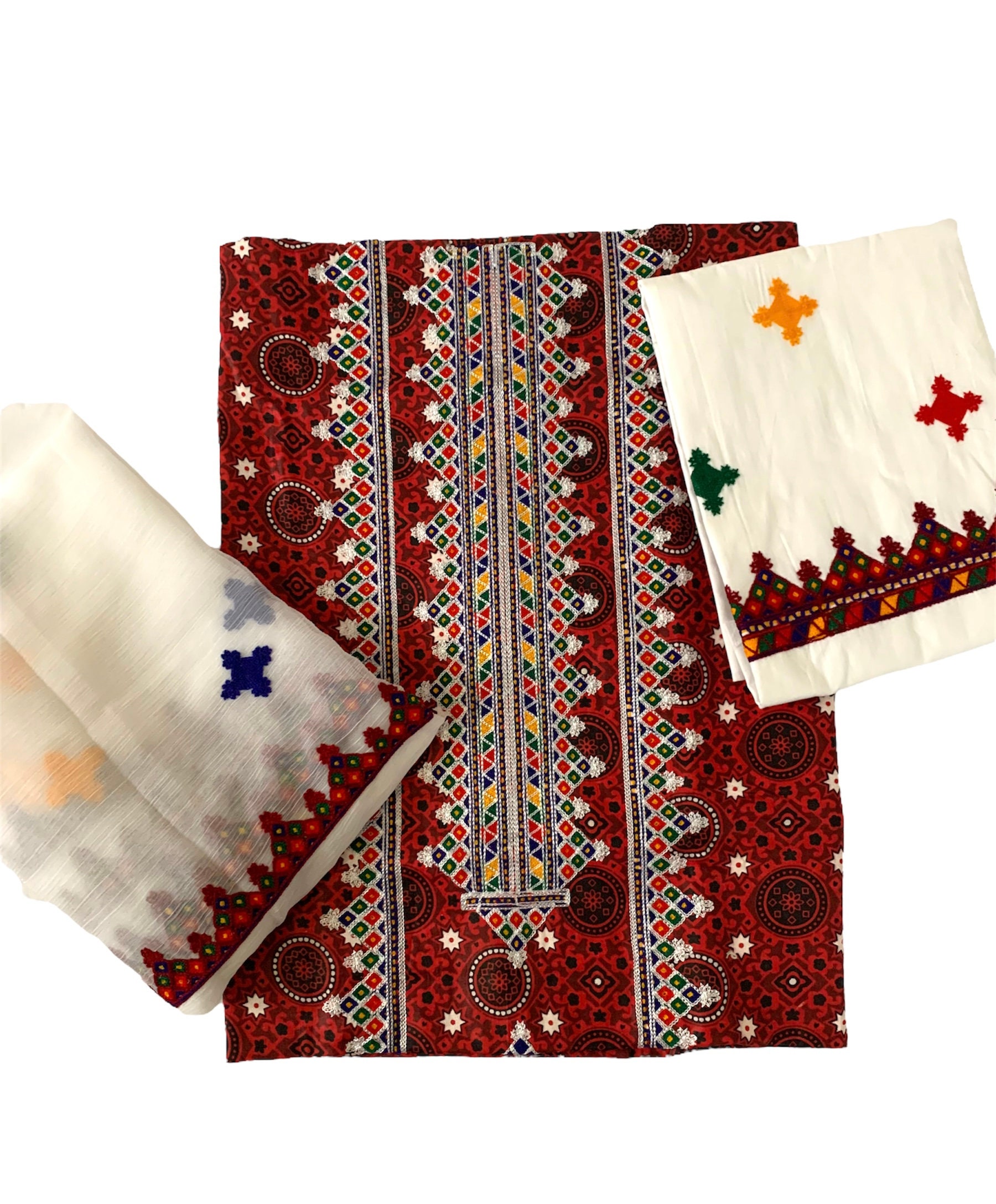 Pakistani Sindhi Ajrak Cotton 3 Piece Unstitched Suit, Embroidered ...