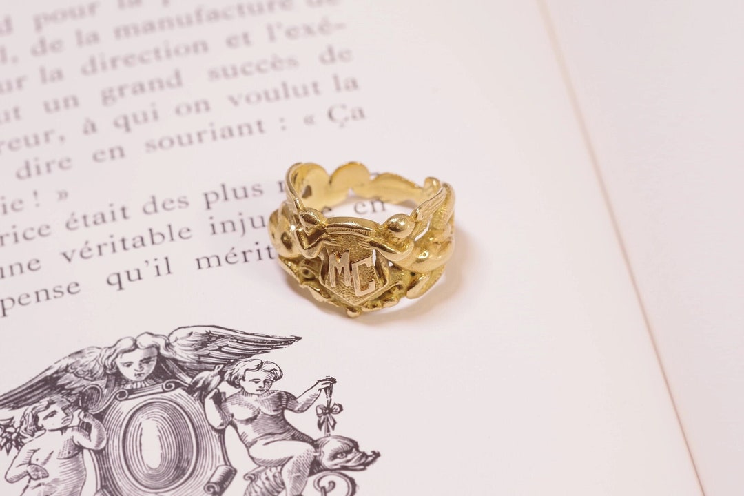 Art Nouveau MC Signet Ring in 18k Gold, Angel, Demon, Snake, Bible Ring ...