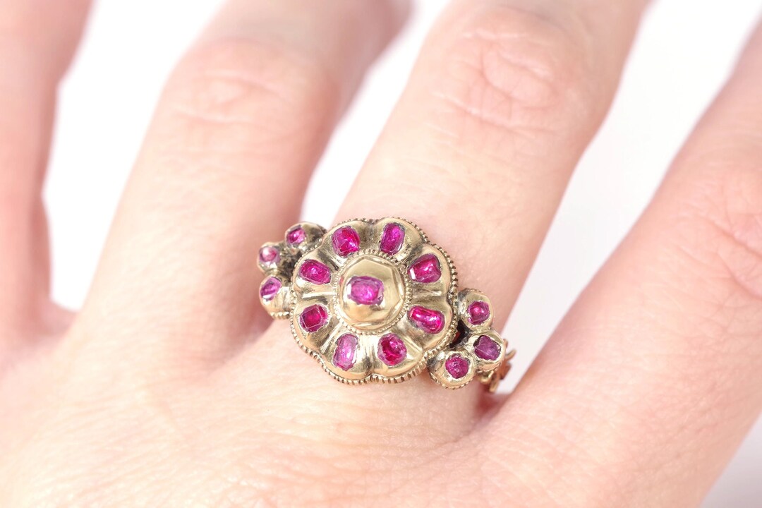 Georgian Italian Ruby Cluster Ring in 14k Gold, Table Cut Rubies, 18th ...