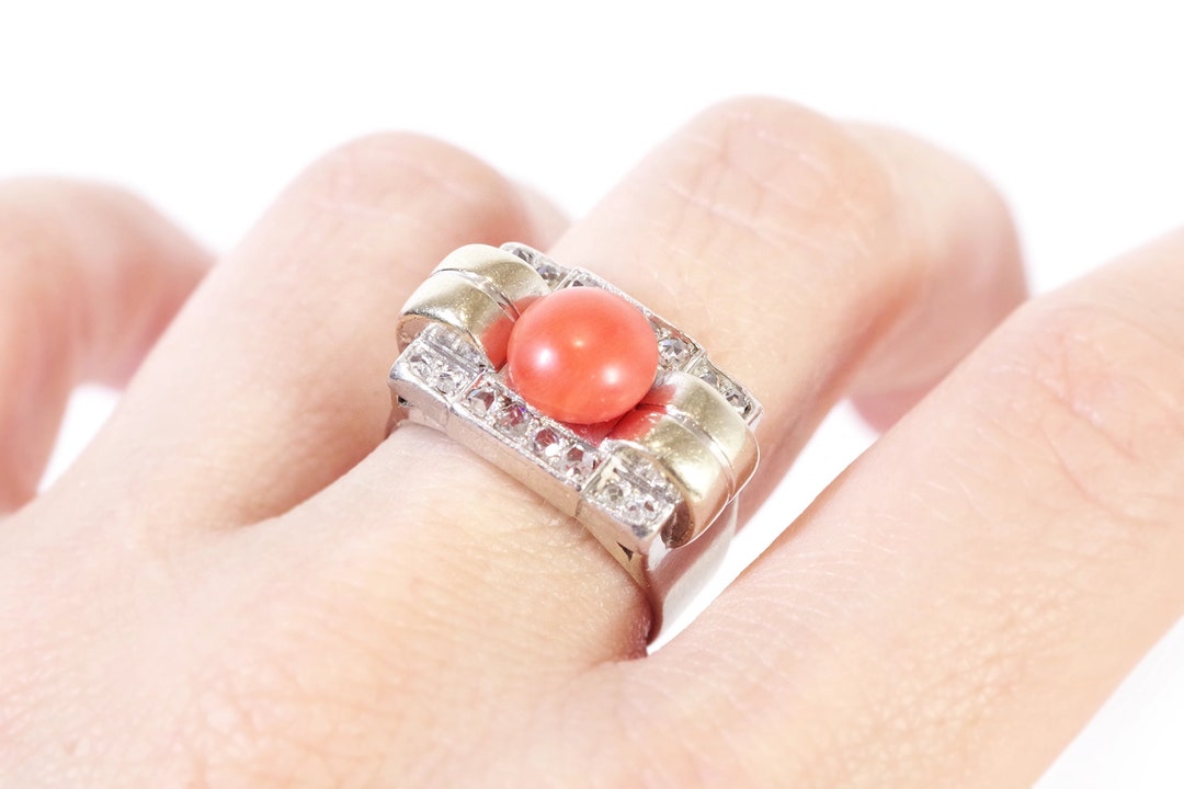 Tank Coral Diamond Ringin 18k Gold and Platinum Tank Ring - Etsy