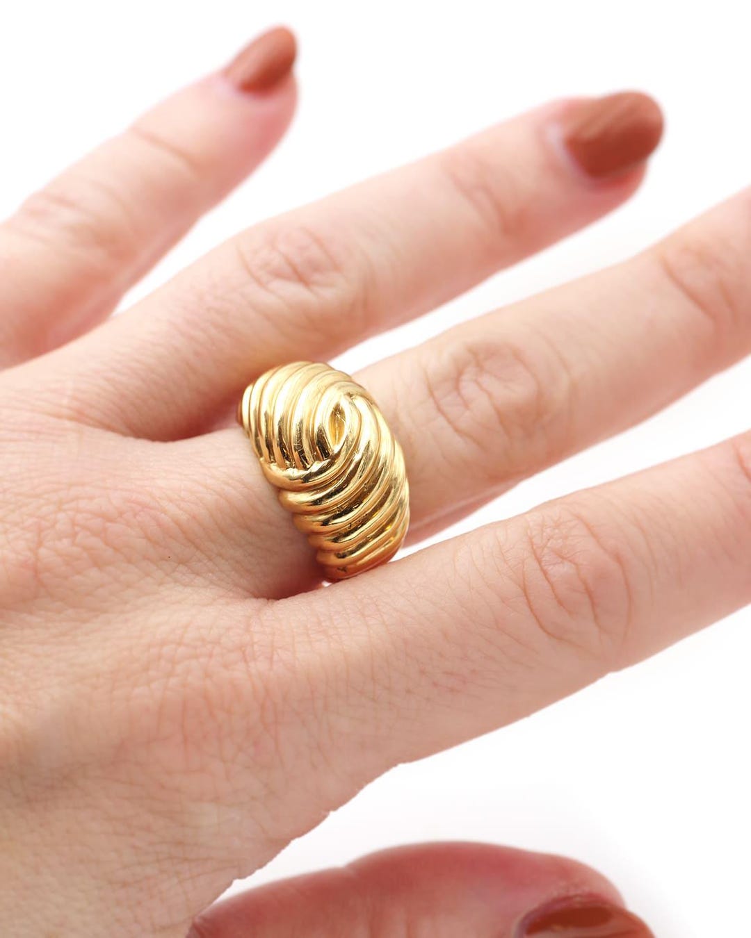 French Dome Croissant Ring in Solid 18k Gold, Gadroon Ring, 1980's ...