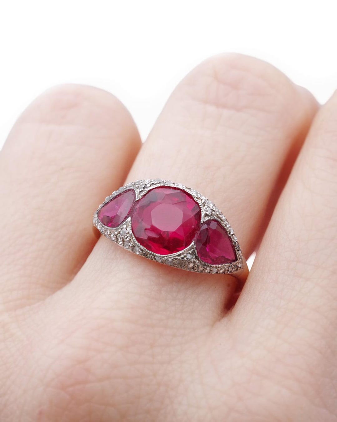 Art Deco Ruby Diamond Ring in 18 Karat Gold and Platinum, Synthetic ...
