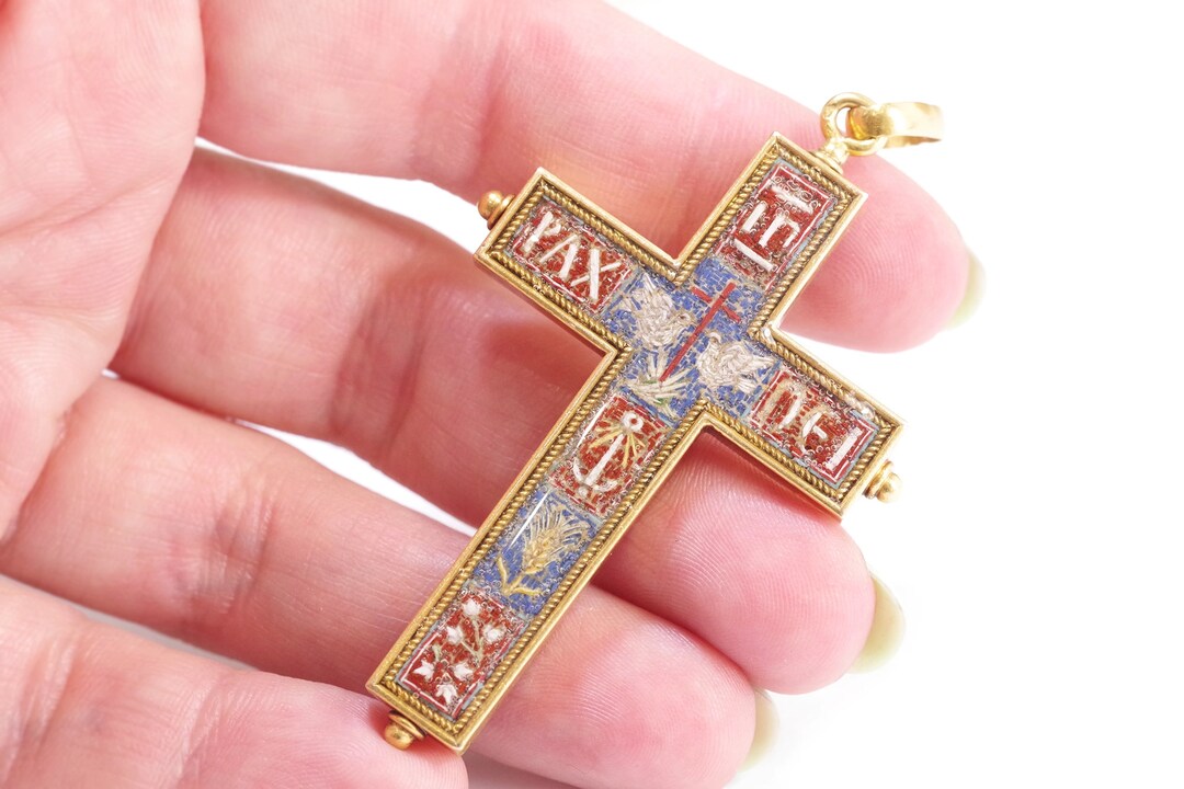 Victorian Micro-mosaic Cross Pendant in 18k Gold, Italian Cross Pendant ...