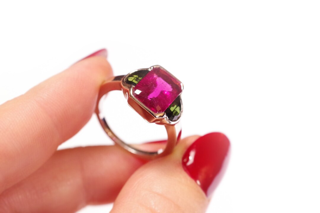 Trilogy Tourmaline Ring in White Gold 18 Karats, Verdelite, Rubellite ...