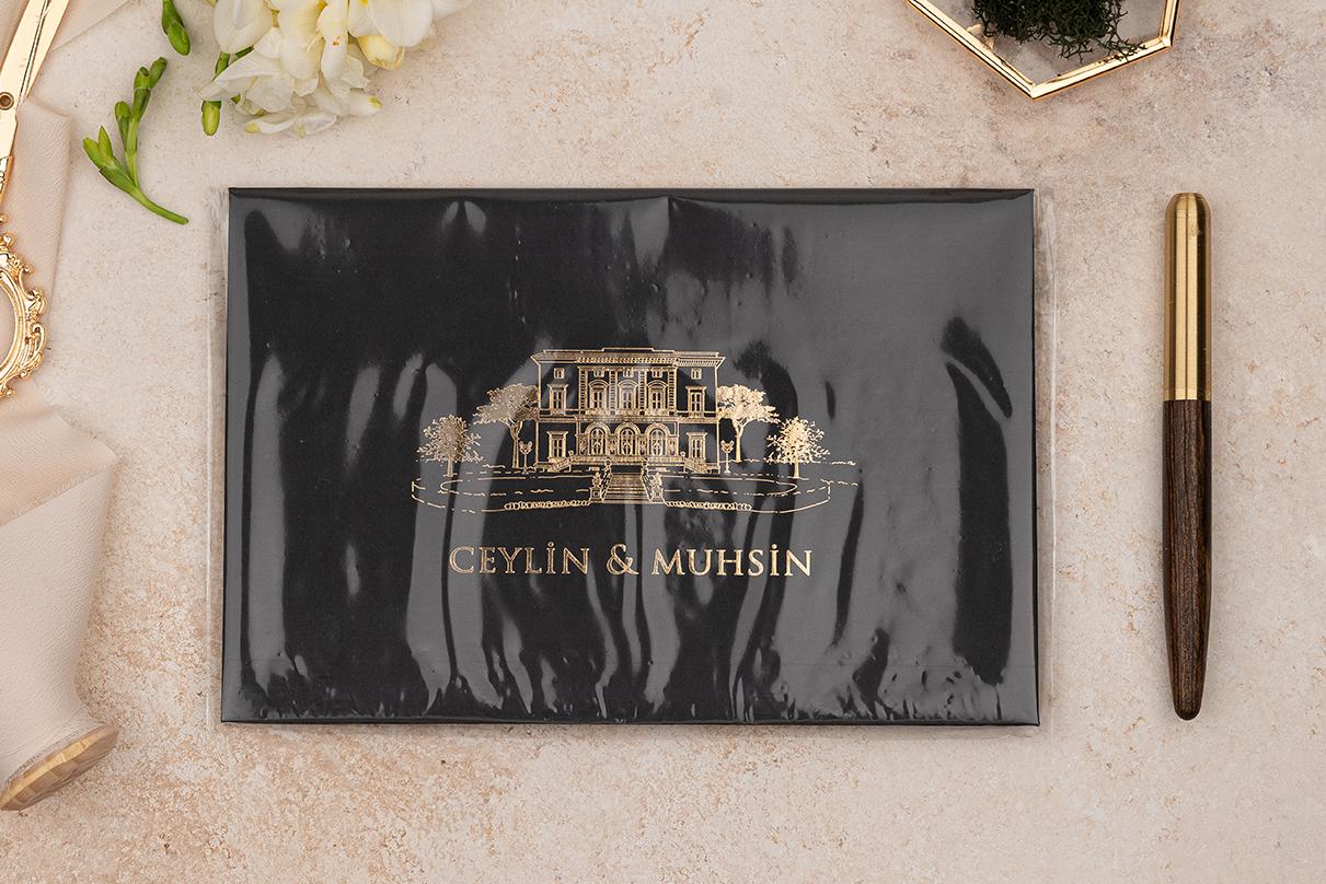 Manor House Wedding Invitation, Black and Gold Folded Luxury Wedding ...