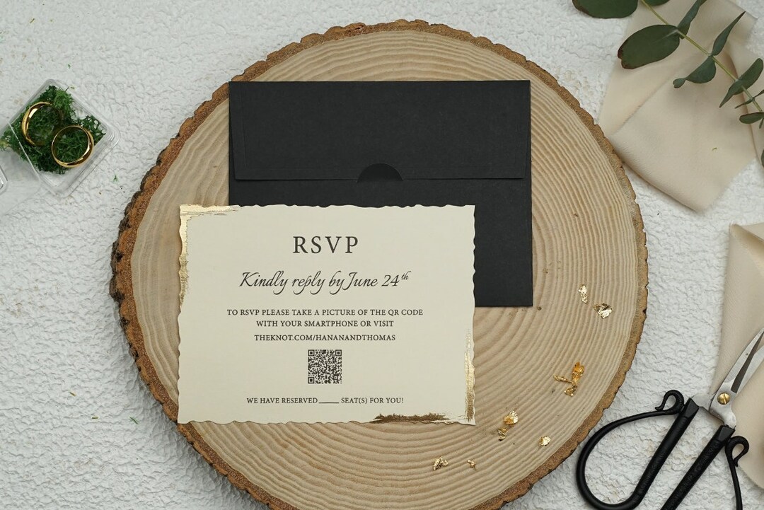 RSVP Cards, Black Color Closed Envelope, Modern Cut Gold Detailed RSVP ...