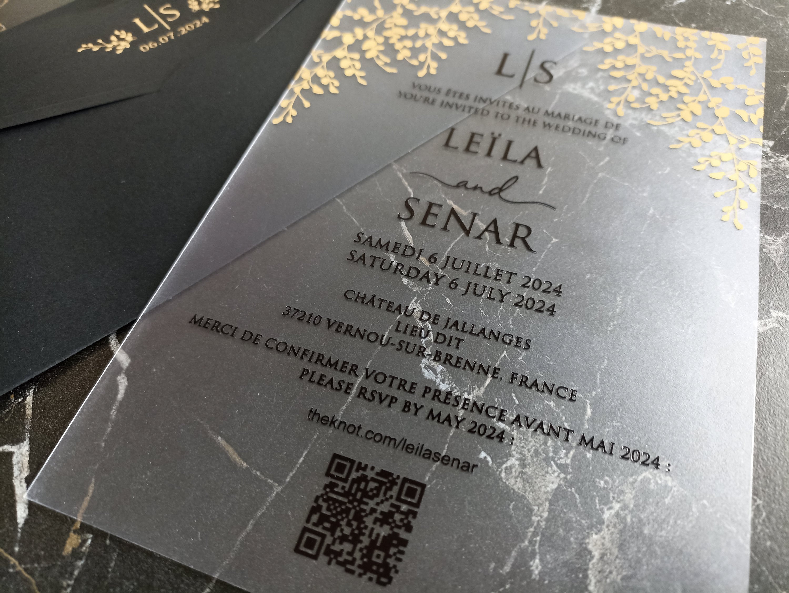 Gold Leaf Acrylic Wedding Invitation, Initials Gold Foil Letterpress ...