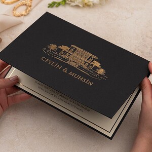 Manor House Wedding Invitation, Black and Gold Folded Luxury Wedding ...