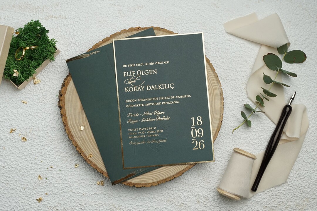 Green and Gold Wedding Invitation, Gold Detailed Green Envelopes, Gold ...