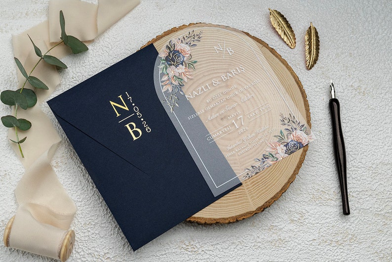Arched Acrylic Wedding Invitation, Initials Gold Foil Letterpress ...