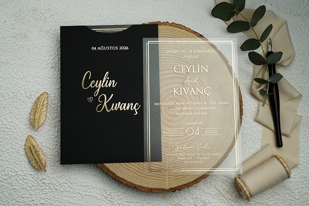 Elegant Acrylic Wedding Invitation, Names Gold Foil Letterpress Printed ...