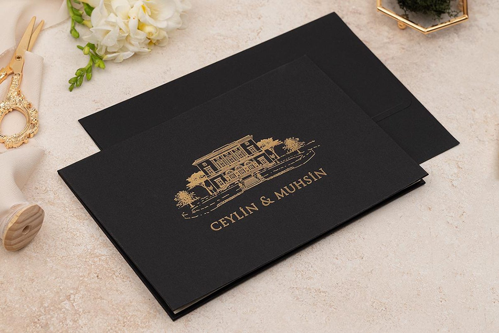 Manor House Wedding Invitation, Black and Gold Folded Luxury Wedding ...