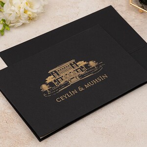 Manor House Wedding Invitation, Black and Gold Folded Luxury Wedding ...
