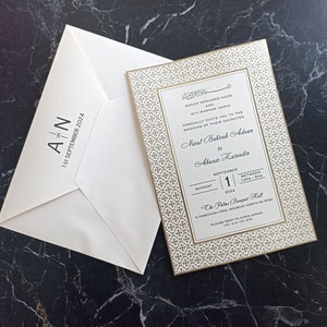 Simple Classic Wedding Invitation, Gold Framed, Embossed Pattern, Cream ...