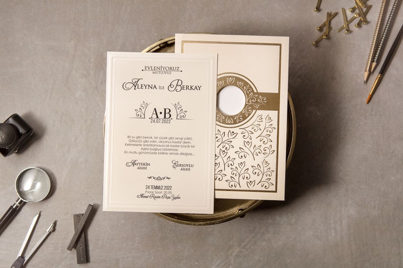 Simple Elegant Wedding Invitation, Cream and Gold Color, Flower Pattern ...