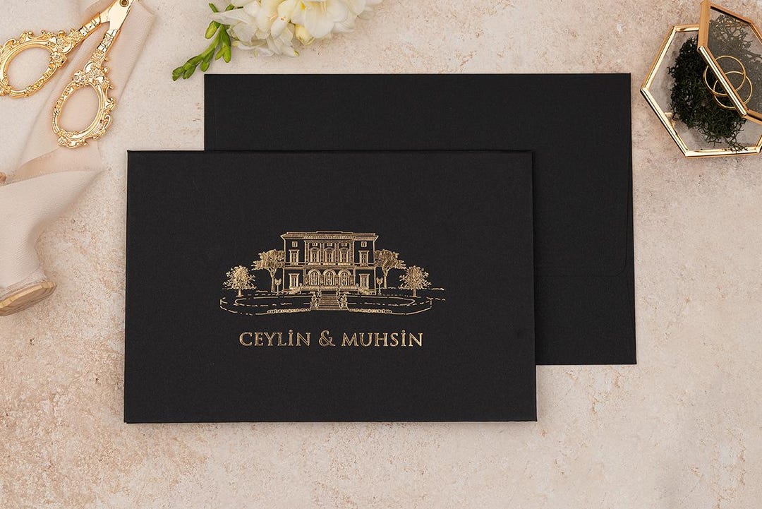 Manor House Wedding Invitation, Black and Gold Folded Luxury Wedding ...