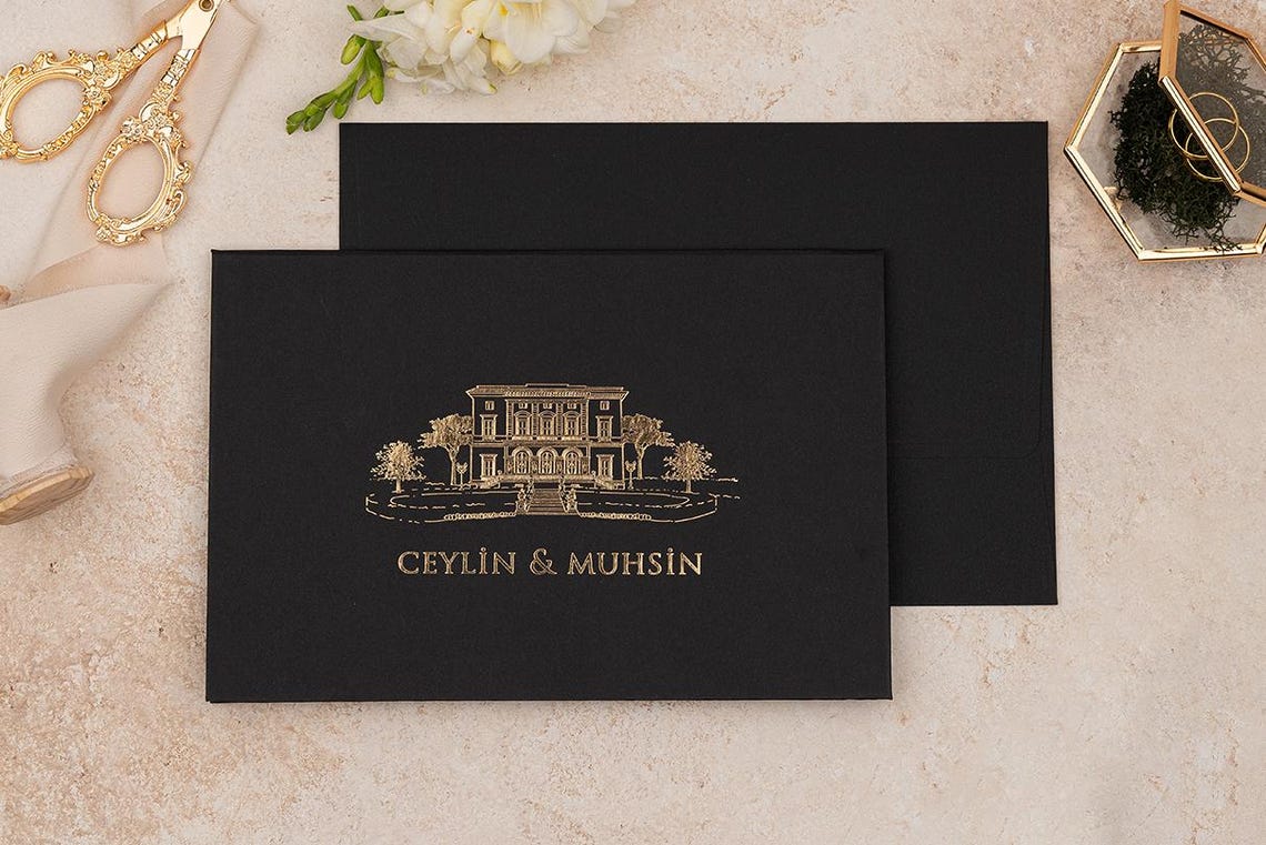 Manor House Wedding Invitation, Black and Gold Folded Luxury Wedding ...