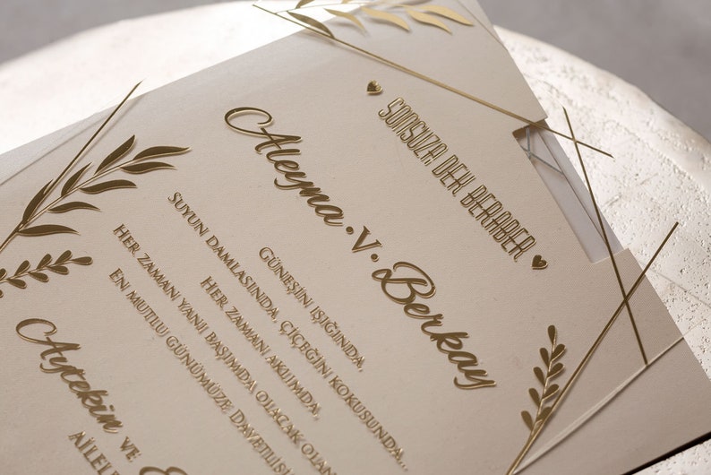 Wheat Wedding Invitation, Names Gold Foil Printed Pocket Style Envelope ...
