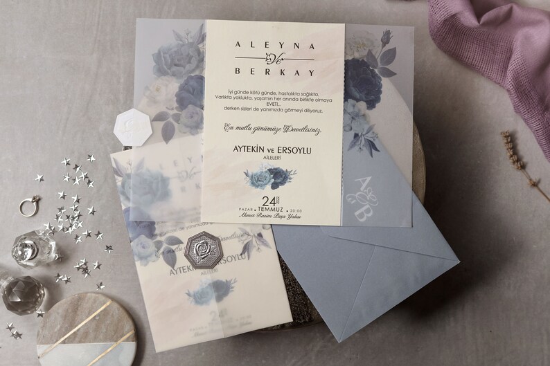 Vellum Wedding Invitation Card, Blue Roses Vellum Cover, Name First ...