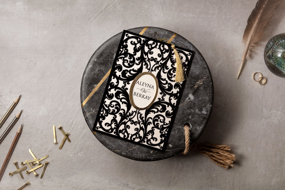 Black Velvet Wedding Invitation, Amazing Design, Pocket Style Envelope ...