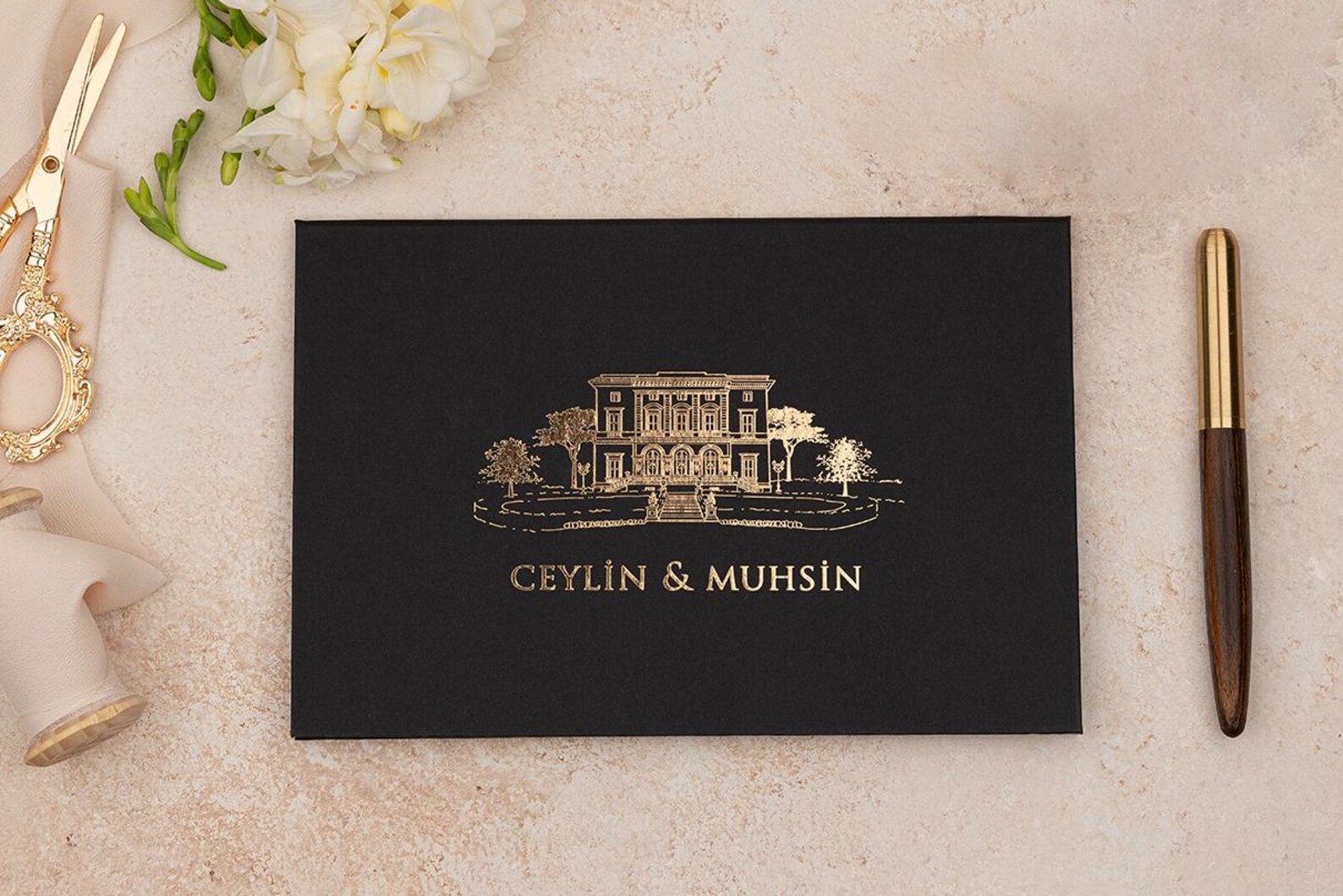 Manor House Wedding Invitation, Black and Gold Folded Luxury Wedding ...