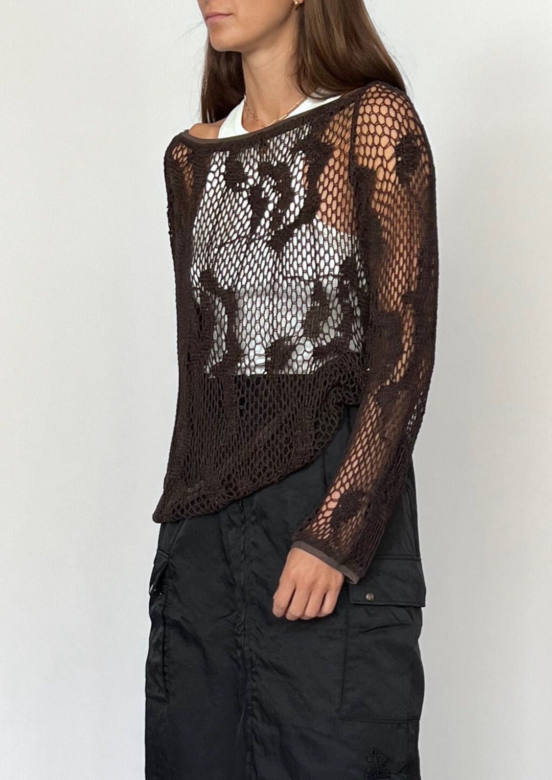 90s Brown Crochet Sheer Sweater S/M, Vintage Sheer Jumper - Etsy