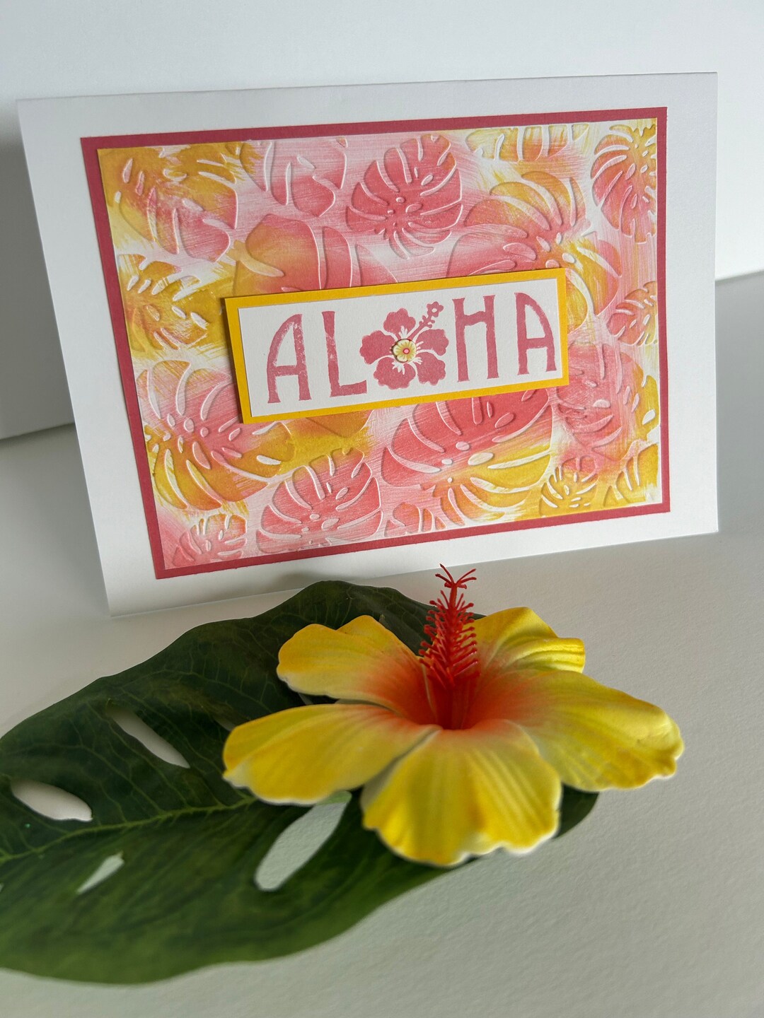 Embossed Aloha Card, Blank Hawaii Monstera Card, Monstera Leaf Card ...