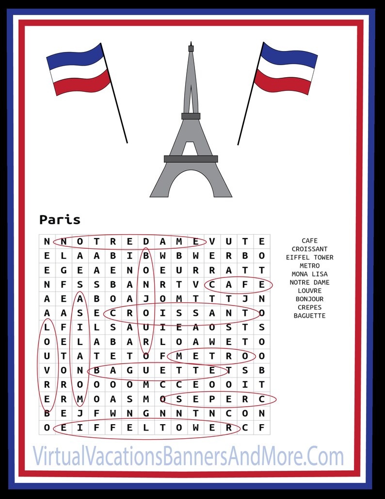 Paris France Word Search Printable Game - INSTANT DOWNLOAD - PDF ...