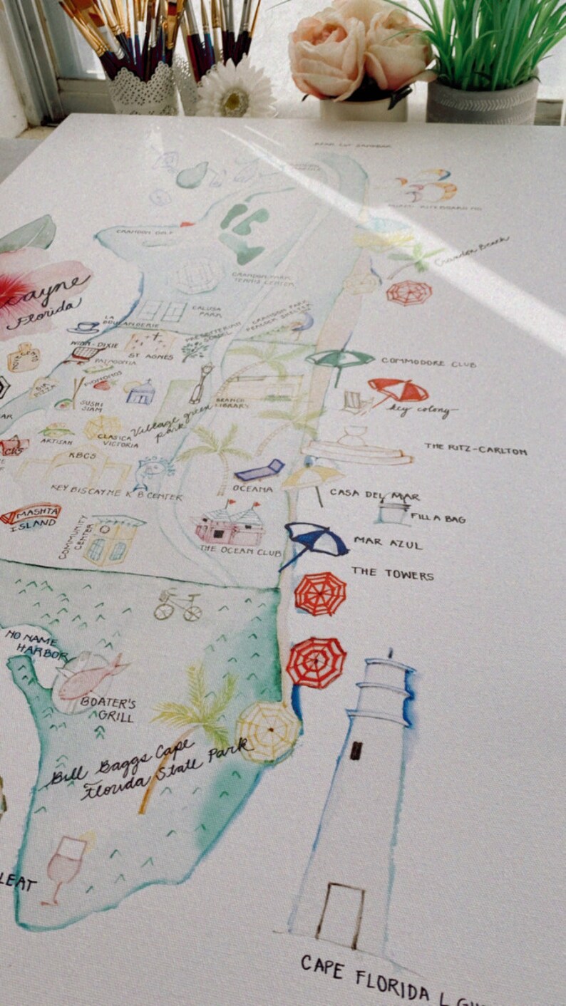 Key Biscayne Map. Hand-painted Artist Map. Key Biscayne Canvas ...
