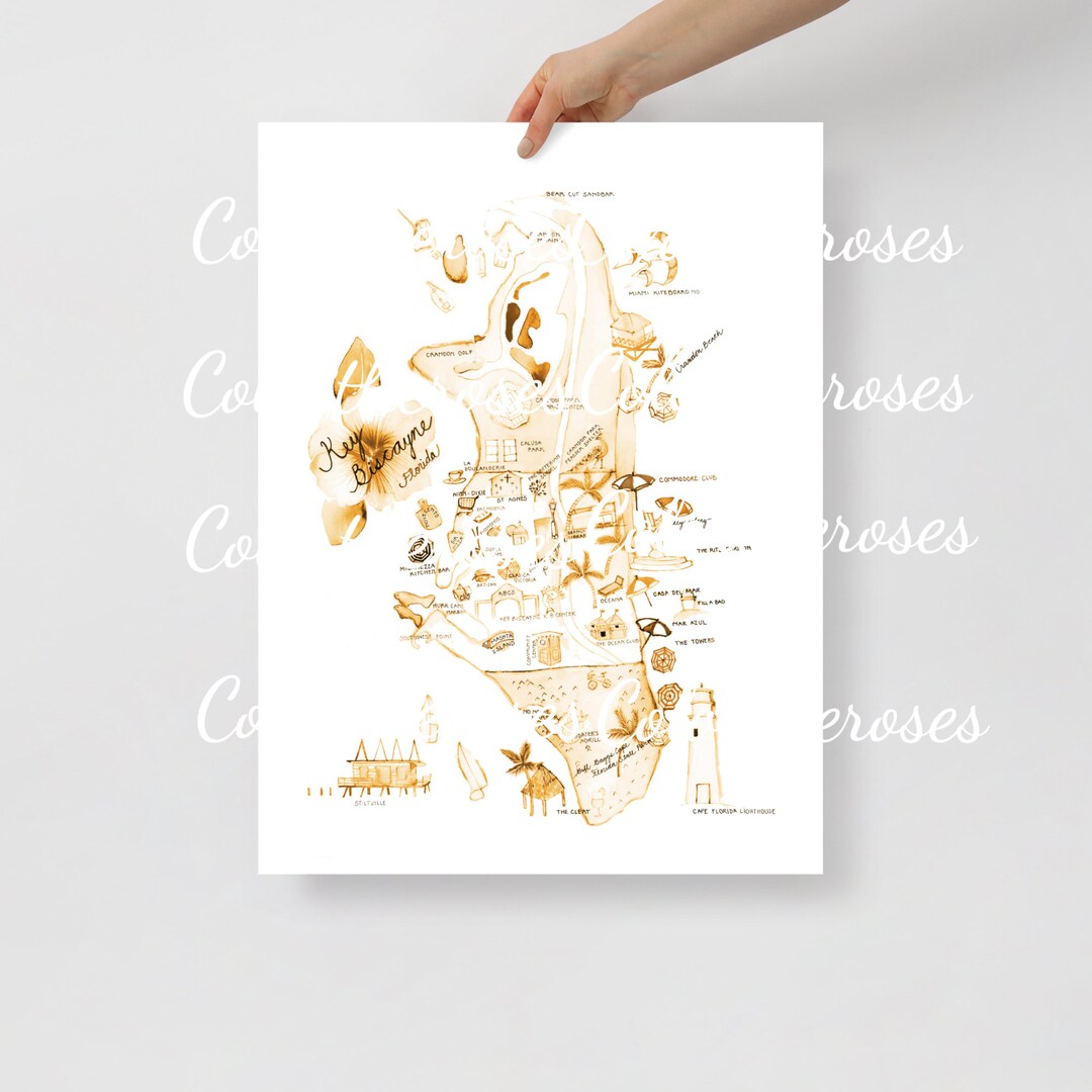Key Biscayne, Miami Sepia Illustration Hand Painted Watercolor City Map ...