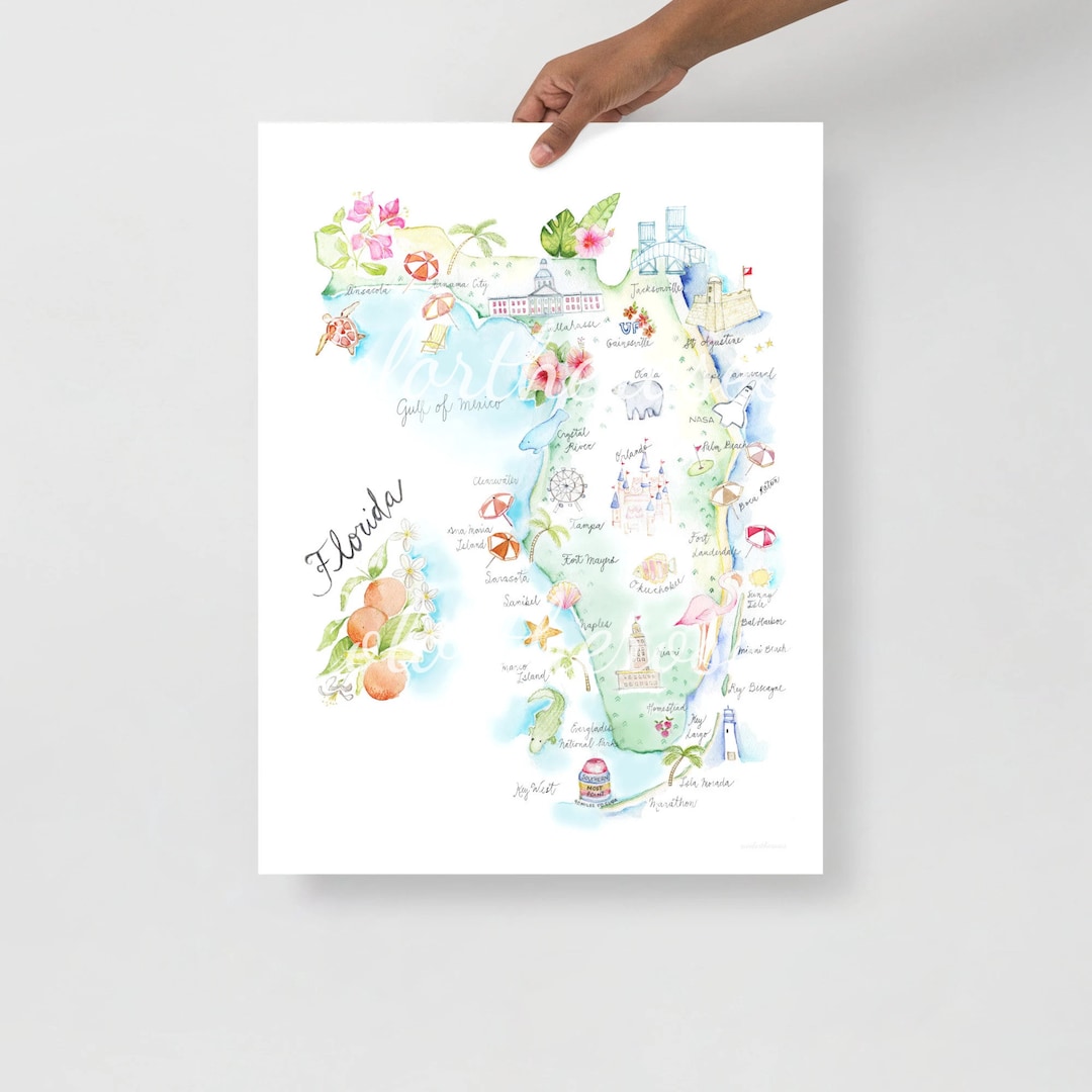 Florida Hand-painted Watercolor Illustration Modern MAP. Wall Art Print ...