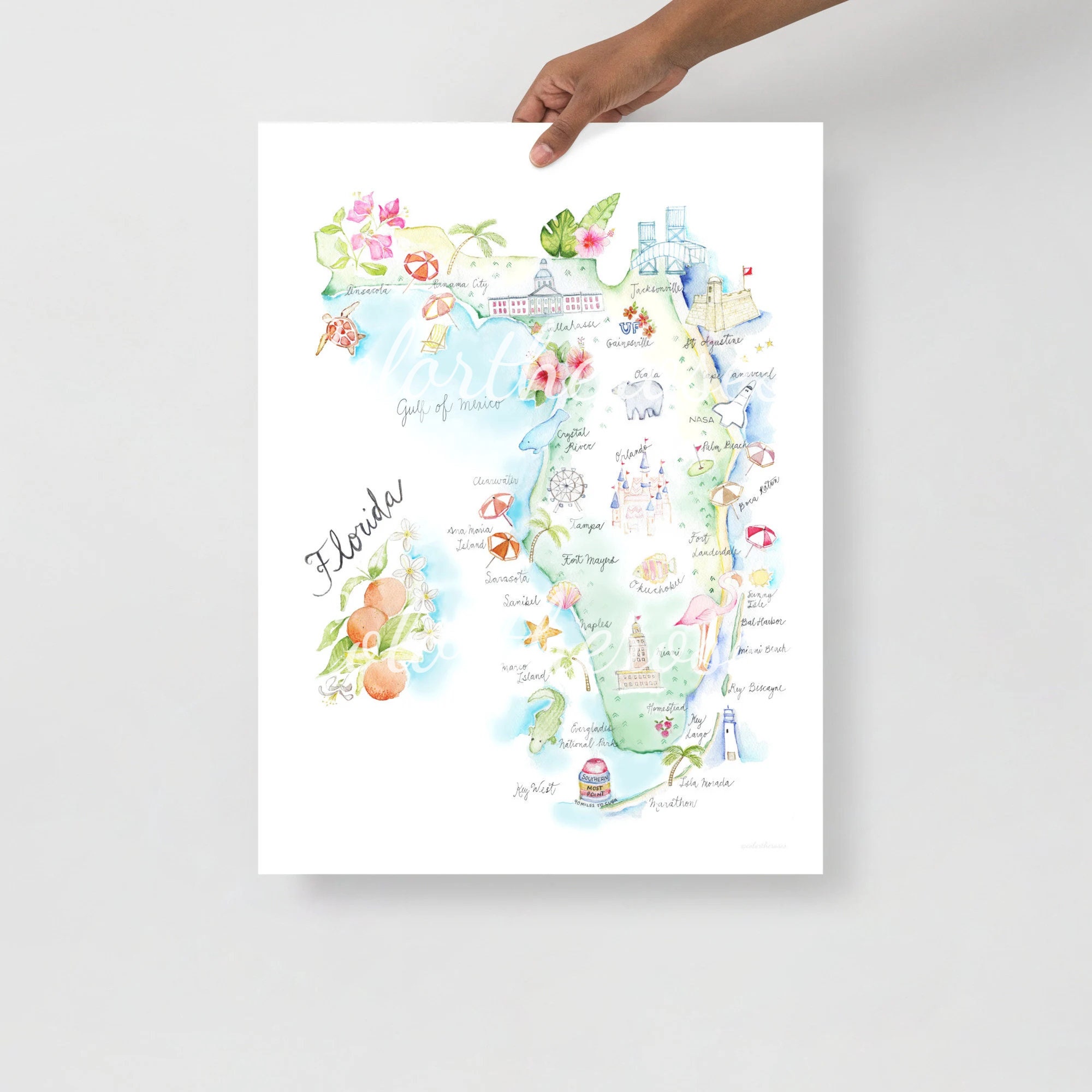 Florida Hand-painted Watercolor Illustration Modern MAP. Wall Art Print ...