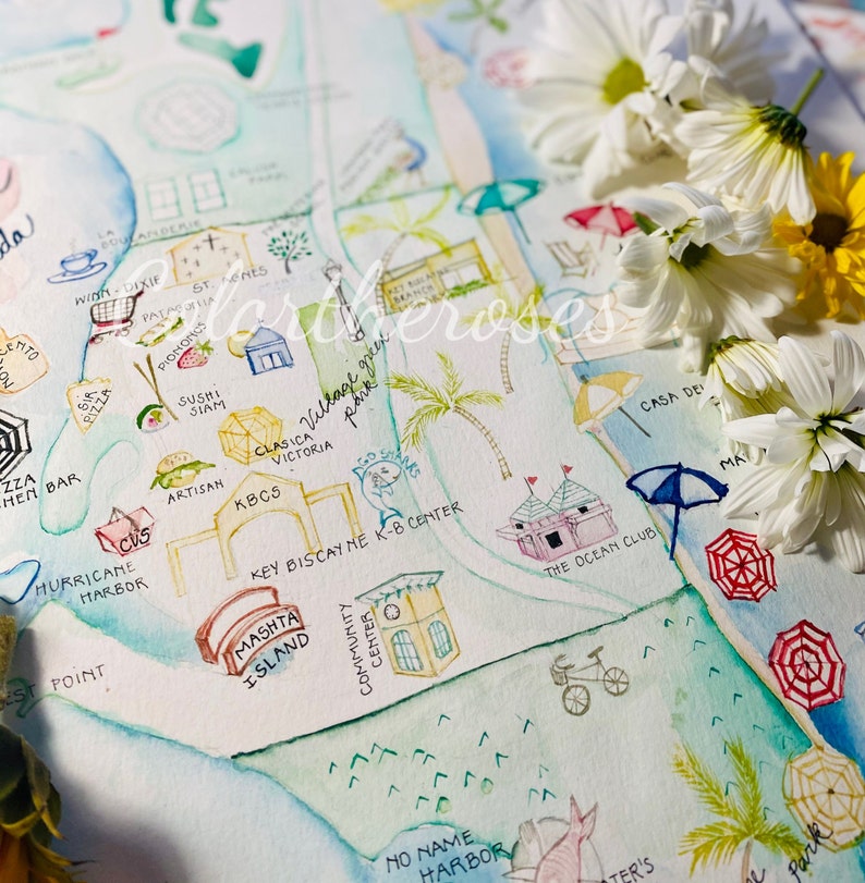 Key Biscayne Map. Hand-painted Artist Map. Key Biscayne Canvas ...