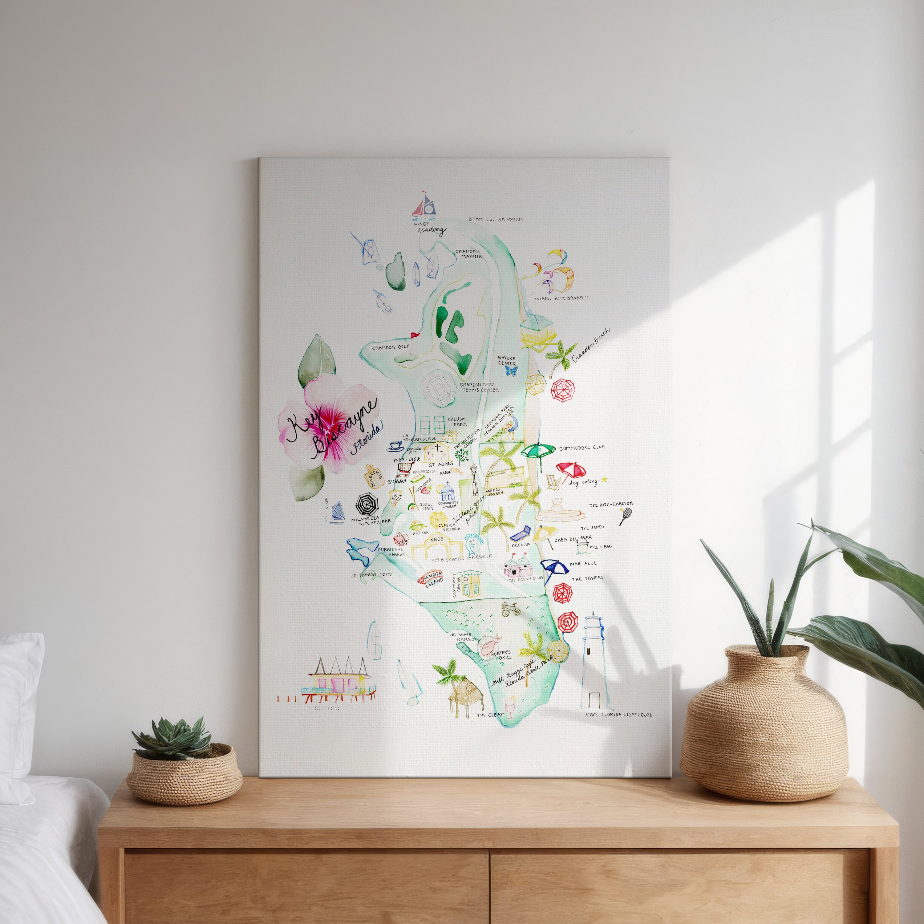 Key Biscayne Map. Hand-painted Artist Map. Key Biscayne Canvas ...
