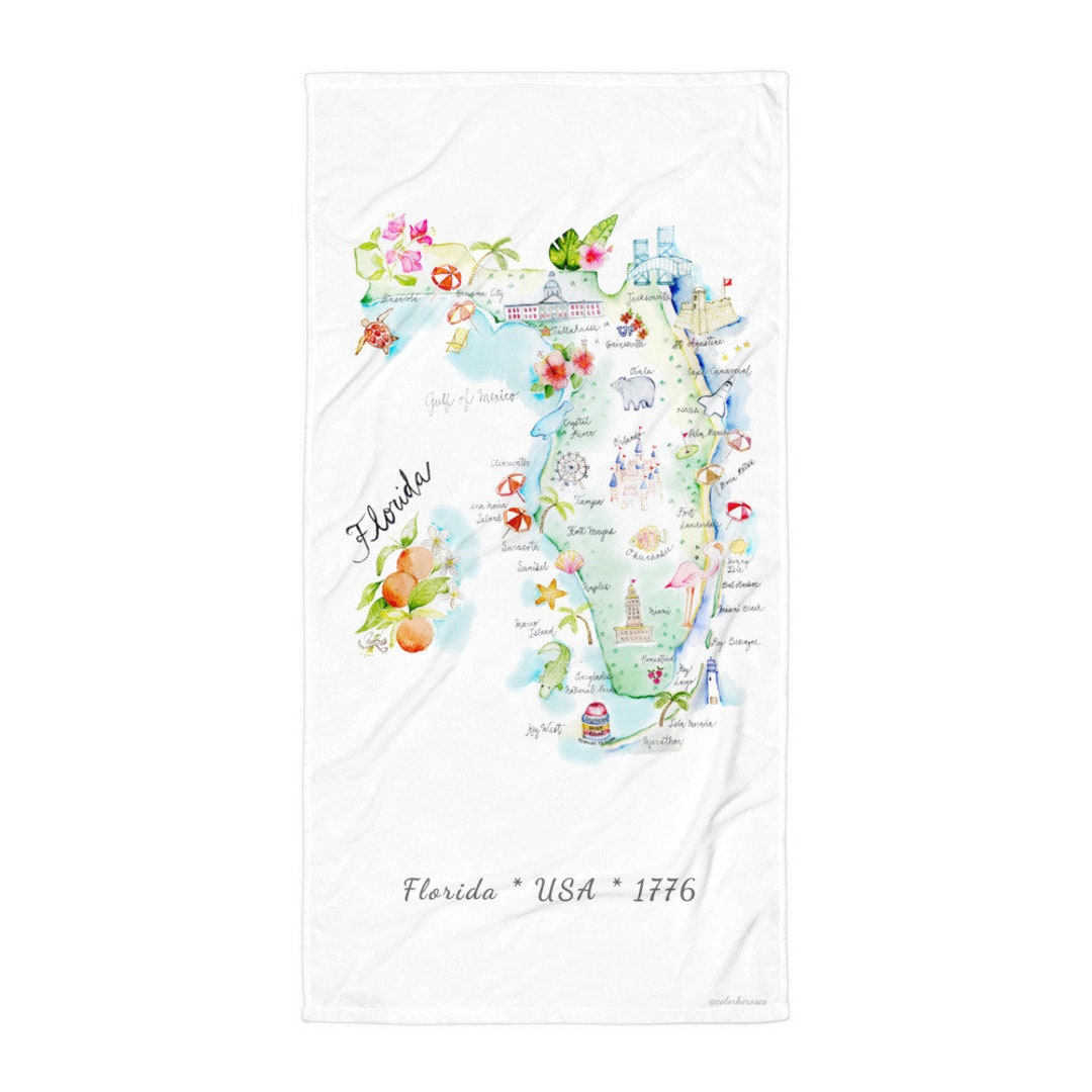 Florida Hand-painted Watercolor Illustration Beach Towel MAP ...