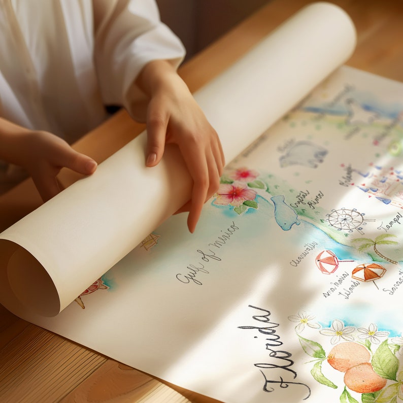 Florida Hand-painted Watercolor Illustration Modern MAP. Wall Art Print ...