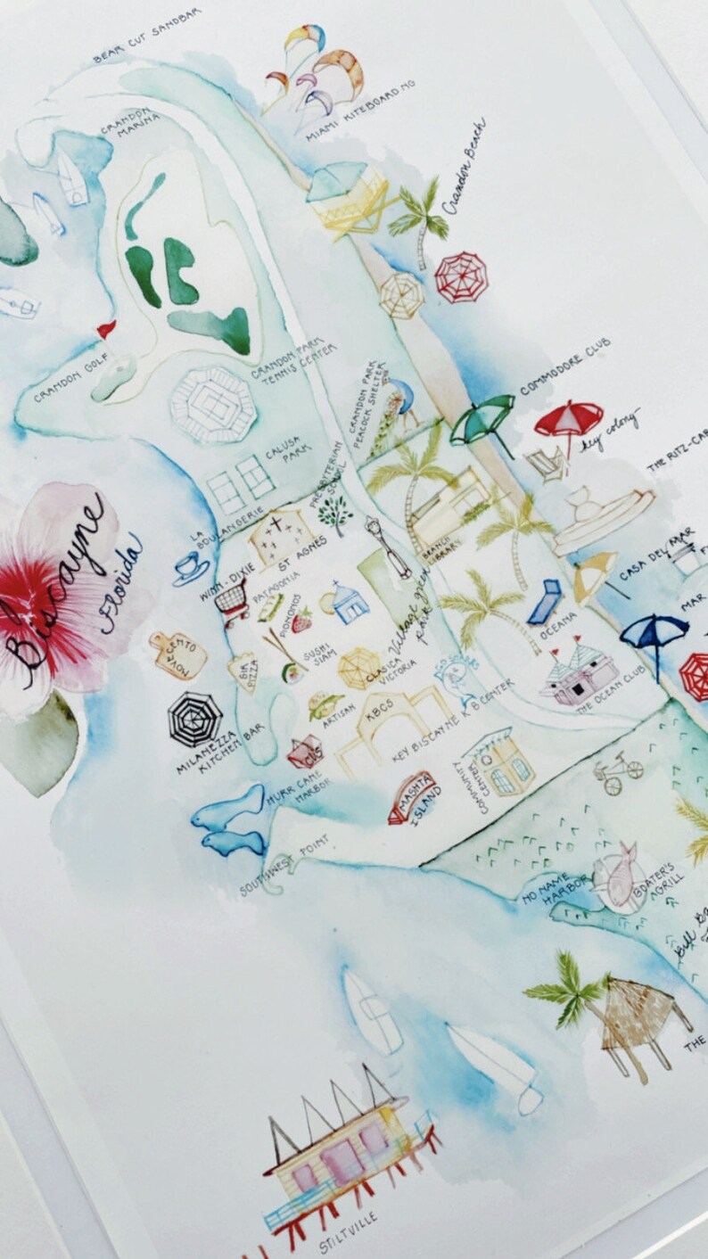 Key Biscayne Map. Miami Illustration Artist Watercolor Hand-painted ...