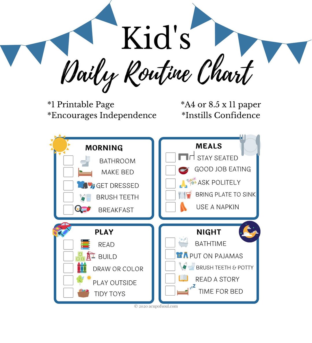 Kids Daily Routine Chart, Blue, Toddler Daily Routine, Kid's Daily ...