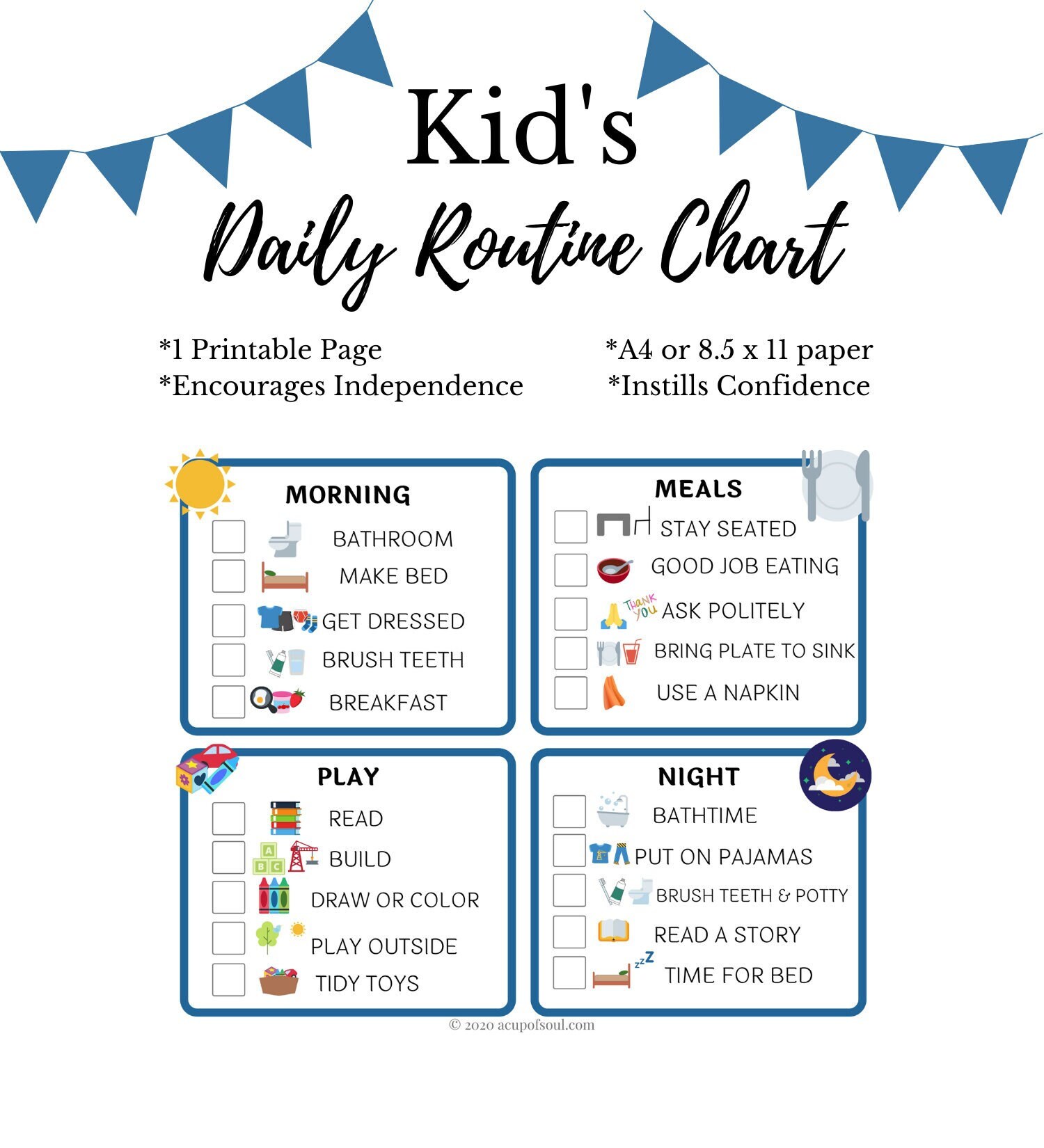 Kids Daily Routine Chart, Blue, Toddler Daily Routine, Kid's Daily ...