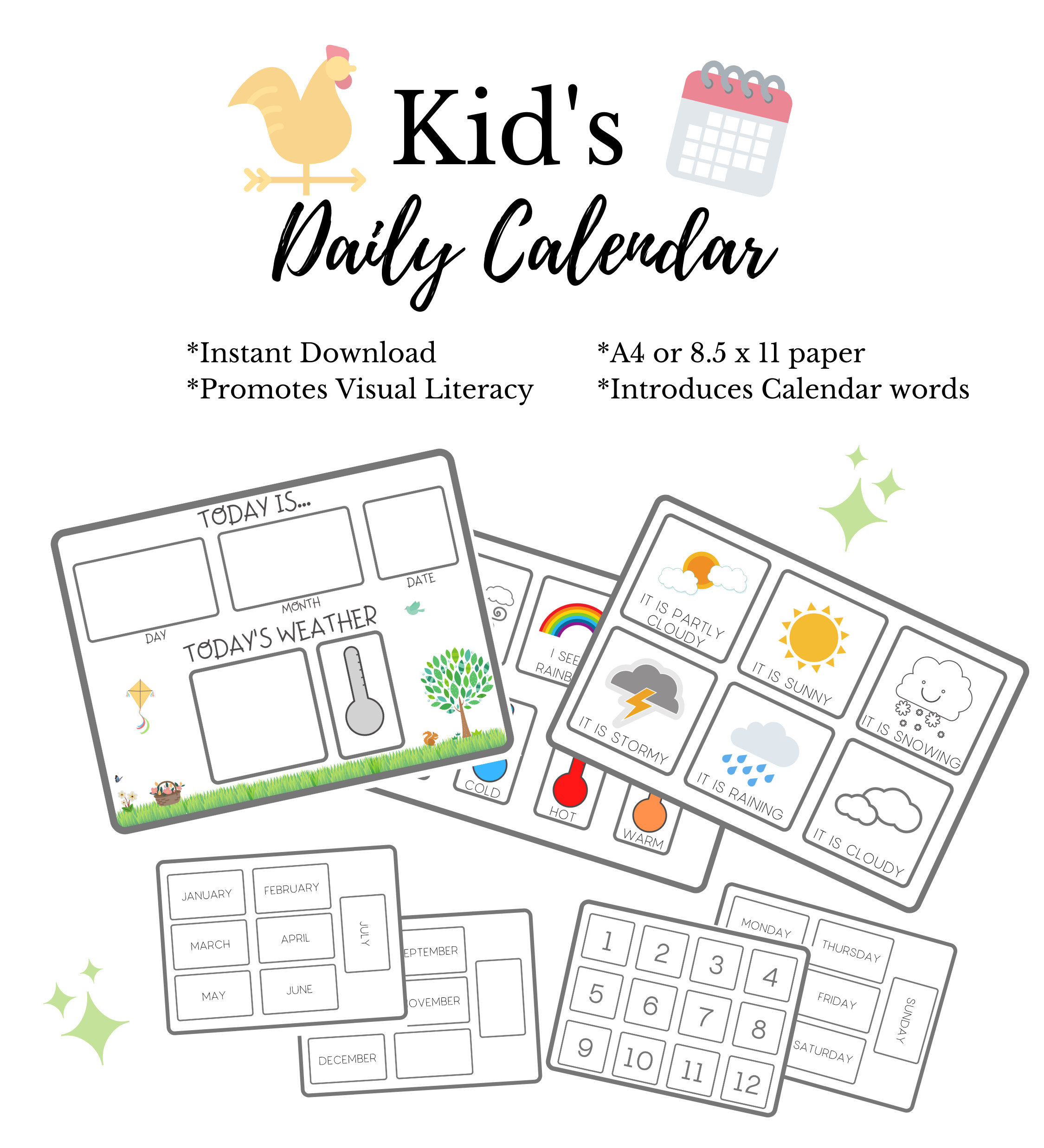 Kid's Printable Daily Calendar, Daily Calendar Set, Calendar Time for ...