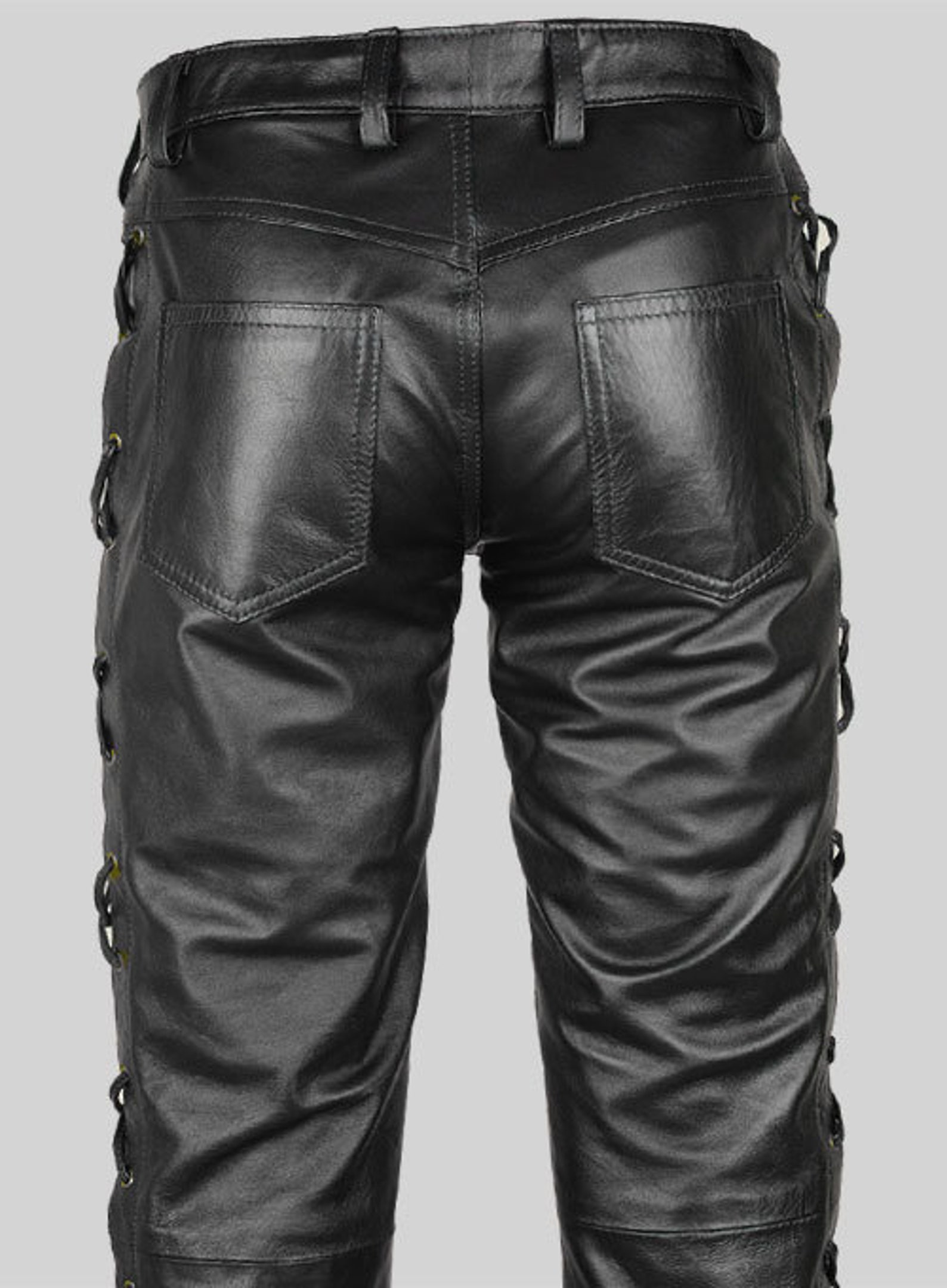 Mens Real Black Side Laced Bikers Jeans Style Pants 100 Original