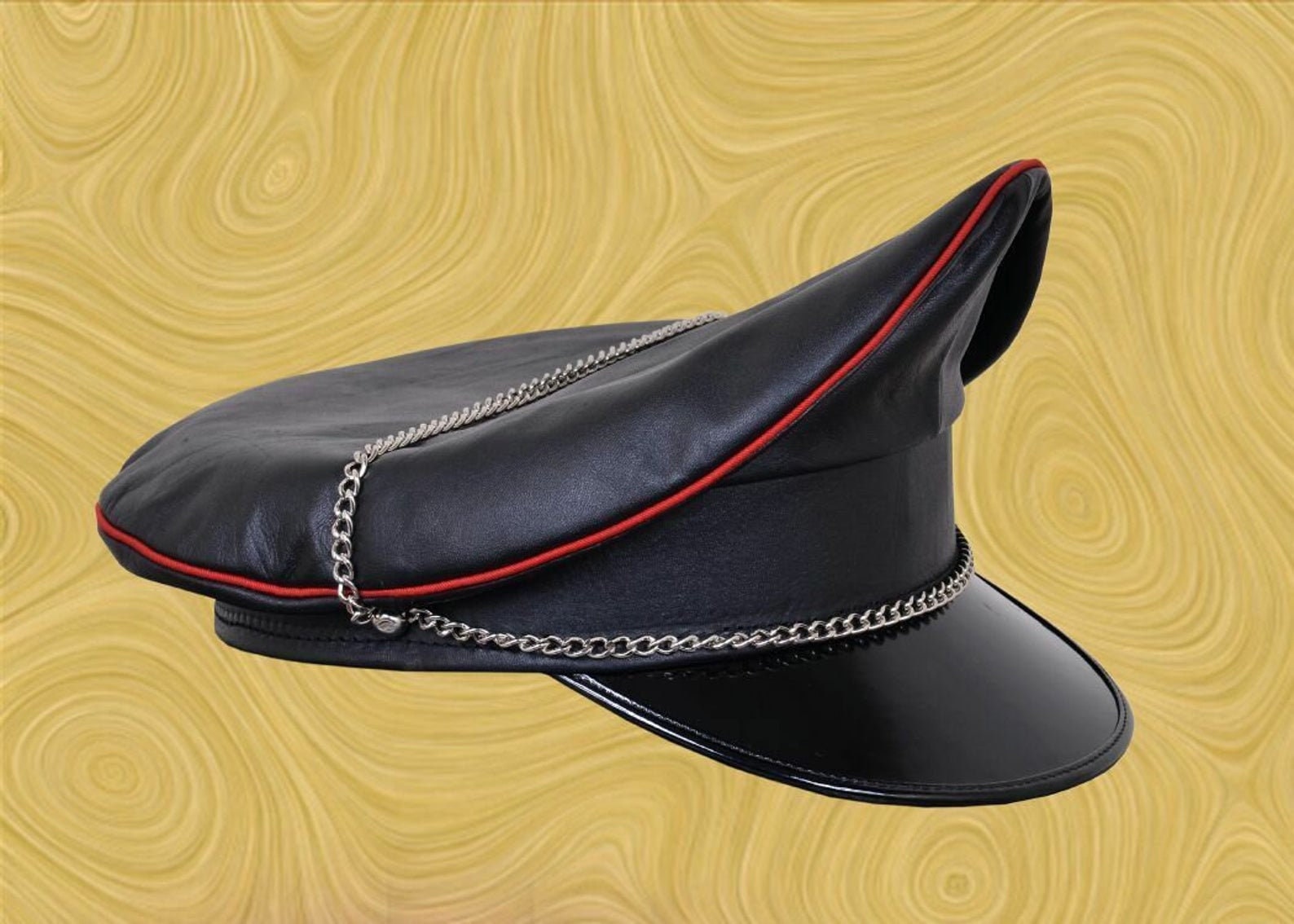 Genuine Italian Leather Black Red Strip Army Muir Cap Biker Peaked Gay ...